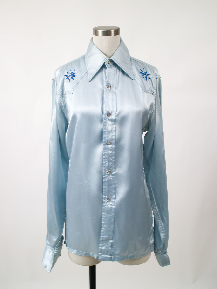1970s Icy Light Blue Satin Embroidered Snap-Front Western Shirt – Erin ...